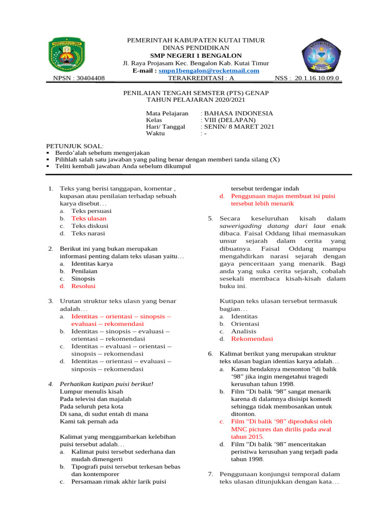 Soal Bindo 8 Pts Genap 2021 | PDF