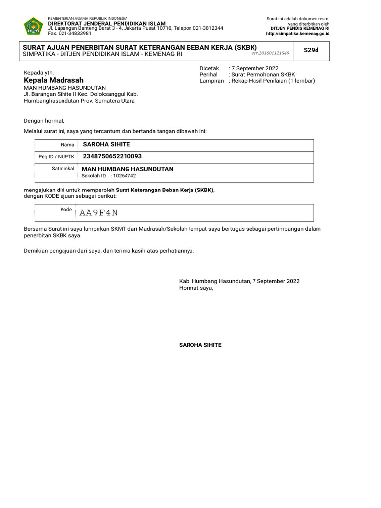 Pengajuan SKBK Saroha Sihit | PDF