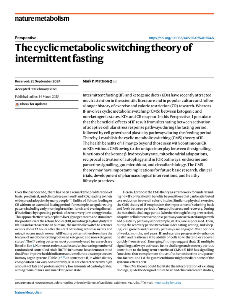 NATURE - The Cyclic Metabolic Switching Theory of Intermittent Fasting ...