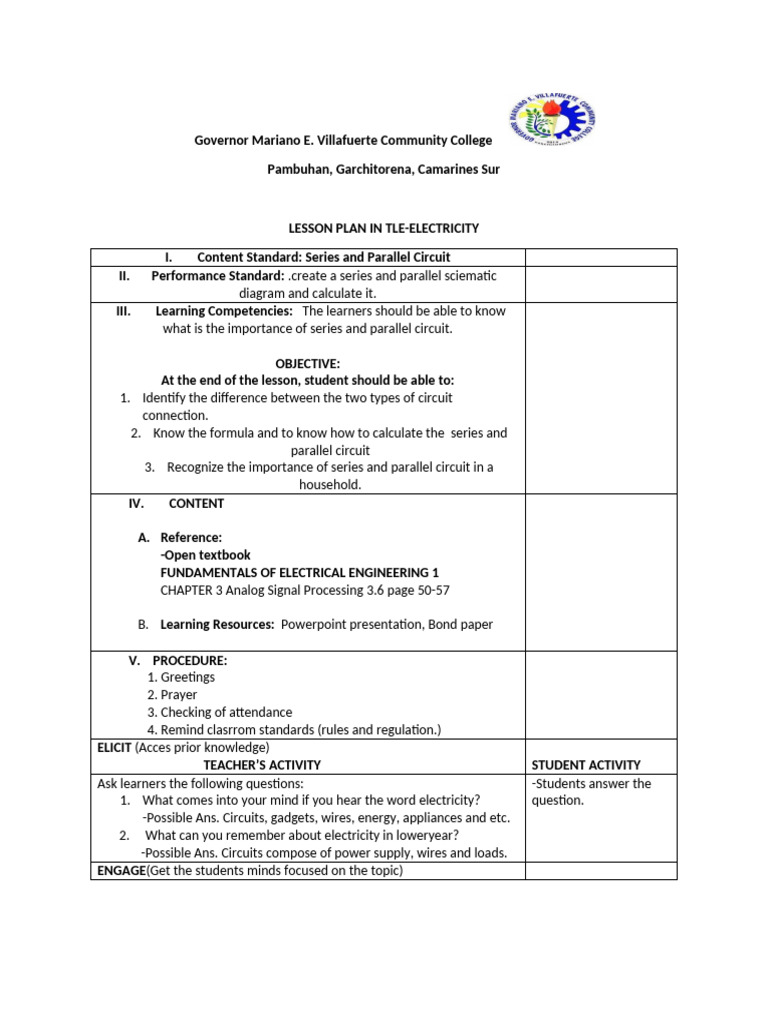 7 Es Lesson Plan Electricity | PDF | Series And Parallel Circuits ...