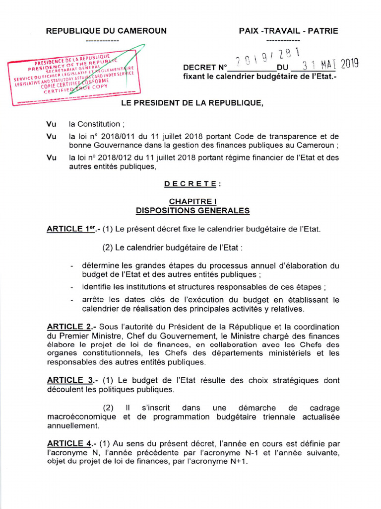 Decret N 2019 281 Du 31 Mai 2019 Calendrier Budgetaire de L Etat | PDF