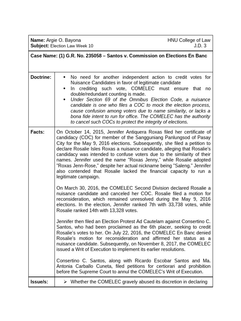 Election Law Cases: Nuisance Candidates & Party-List Rights | PDF | Due ...