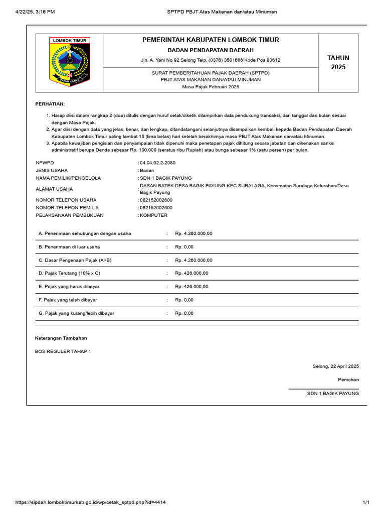 SPTPD PBJT Atas Makanan Dan - Atau Minuman | PDF