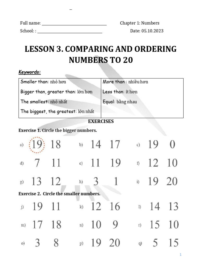 Comparing and Ordering Numbers to 20 | PDF
