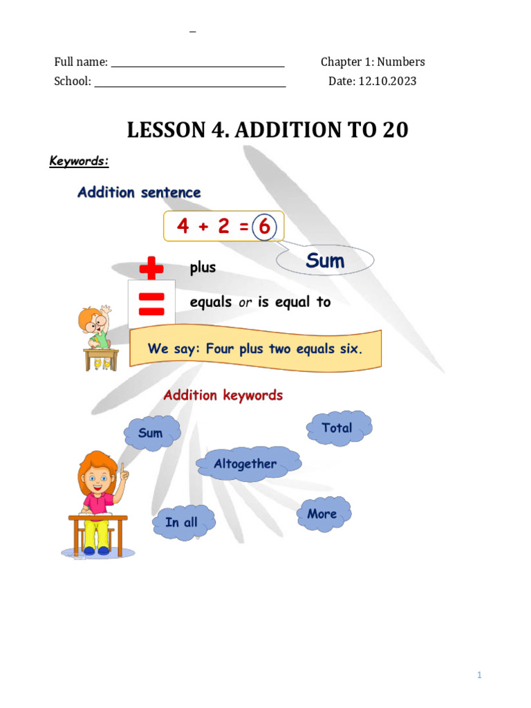 Grade 1 Addition Exercises to 20 | PDF