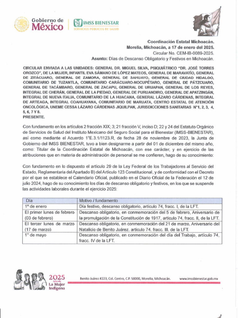 Oficio Circular CEM-IB-0089-2025 Dias de Descanso Obligatorios y ...