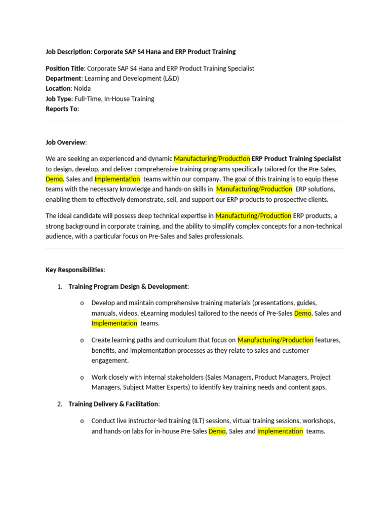 SAP S4 Hana ERP Training Specialist Role | PDF | Enterprise Resource ...
