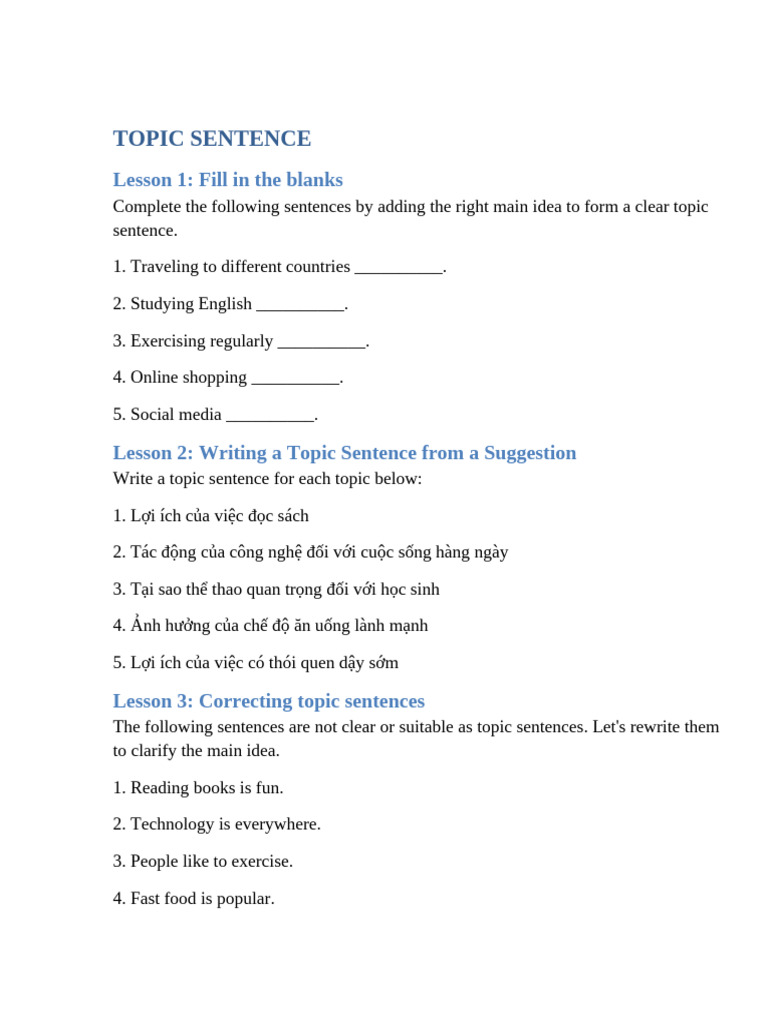 Bai Tap Topic Sentence | PDF