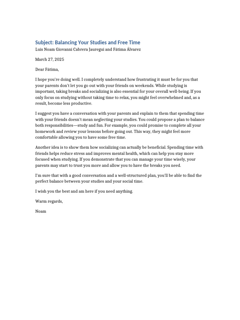 Letter To Fatima Balancing Studies and Free Time | PDF