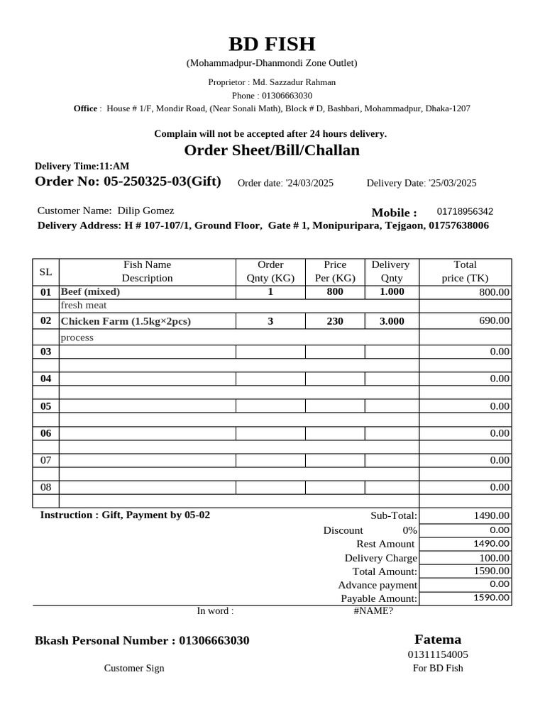 BD Fish Order Invoice for Delivery | PDF