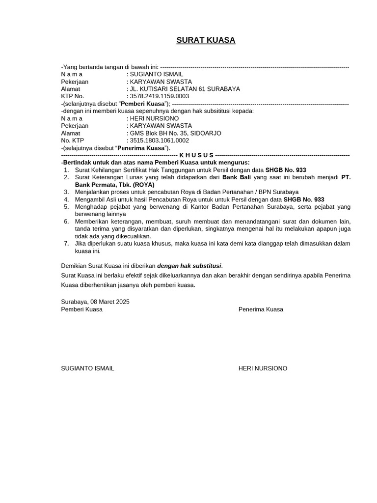 SURAT KUASA ROYA | PDF
