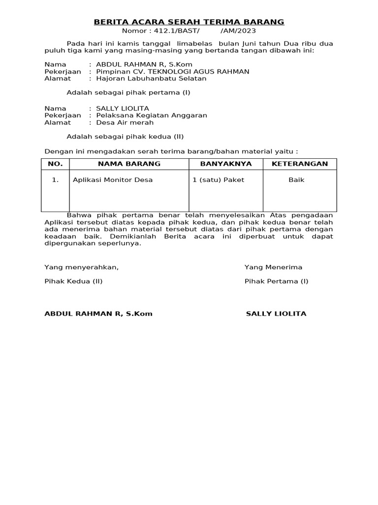 BA SERAH TERIMA BARANG JASA | PDF