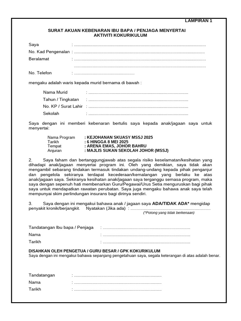 Borang Kebenaran Ibu Bapa MSSJ 2025 | PDF
