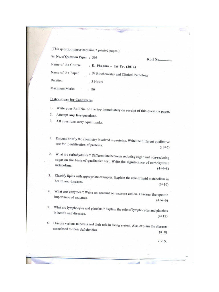 D.pharm Ist Year Biochemistry Clinical Pathology Paper | PDF
