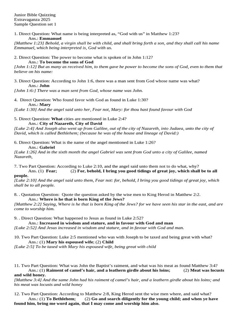 Junior Bible Quiz Questions 2025 | PDF | New Testament Content ...