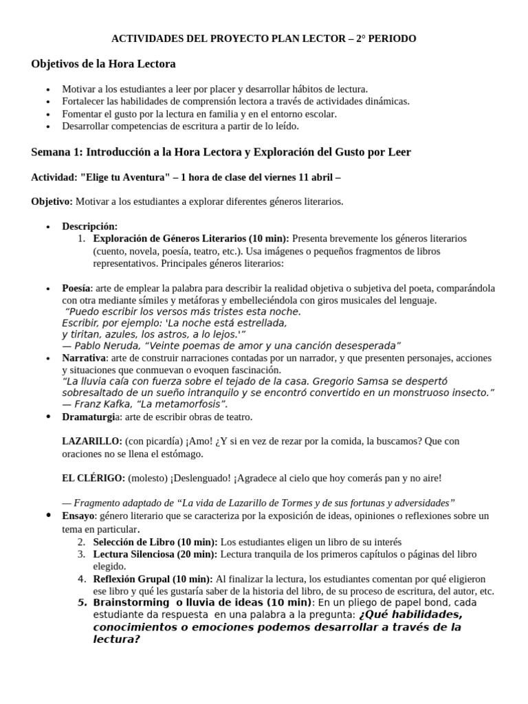 ACTIVIDAD1. PROYECTO PLAN LECTOR - 2o PERIODO | PDF | La metamorfosis | Escritura