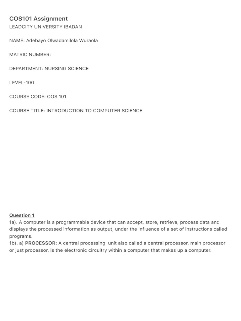 COS101 Assignment Wuraola | PDF | Computer Data Storage | Assembly Language