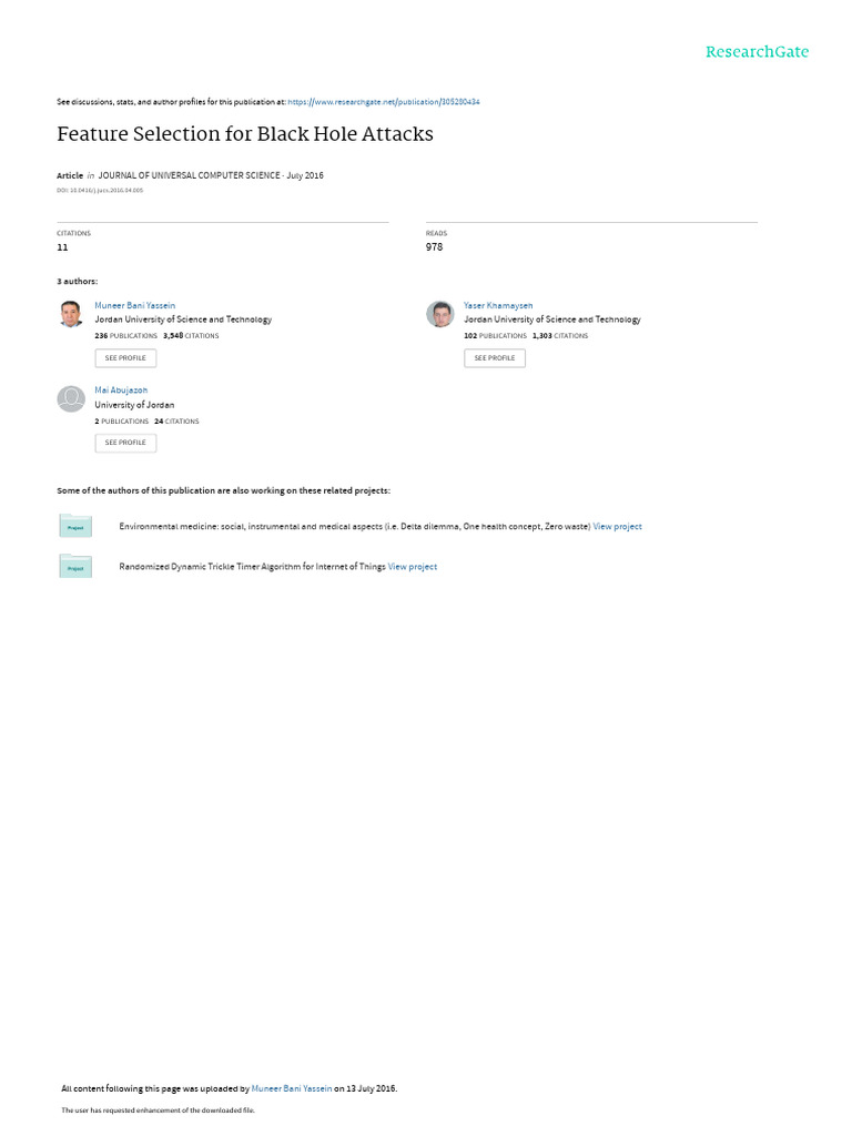 Feature Selection For Black Hole Attacks: Journal of Universal Computer Science July 2016 | PDF ...