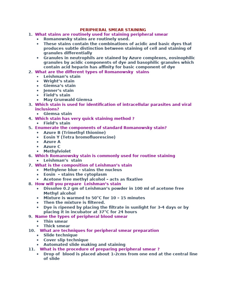 Peripheral Smear Examination - Reading Material | PDF | Staining ...