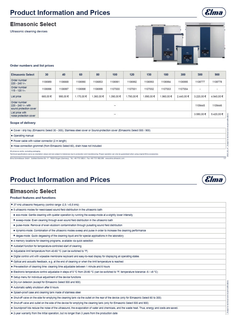 Elmasonic Select 500 Product Details | PDF | Ultrasound | Mains Electricity