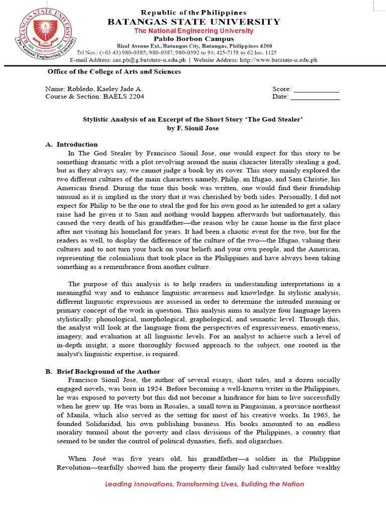 Stylistic Analysis of An Excerpt of The Short Story The God Stealer' by ...