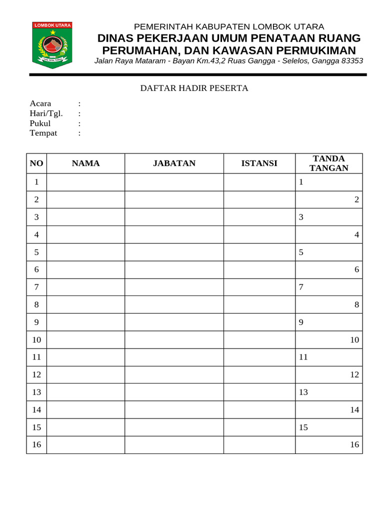 CONTOH DAFTAR HADIR PESERTA | PDF