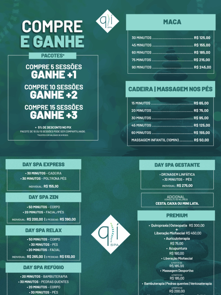 TABELA DE PREÇOS - QI SPA - LOJA | PDF