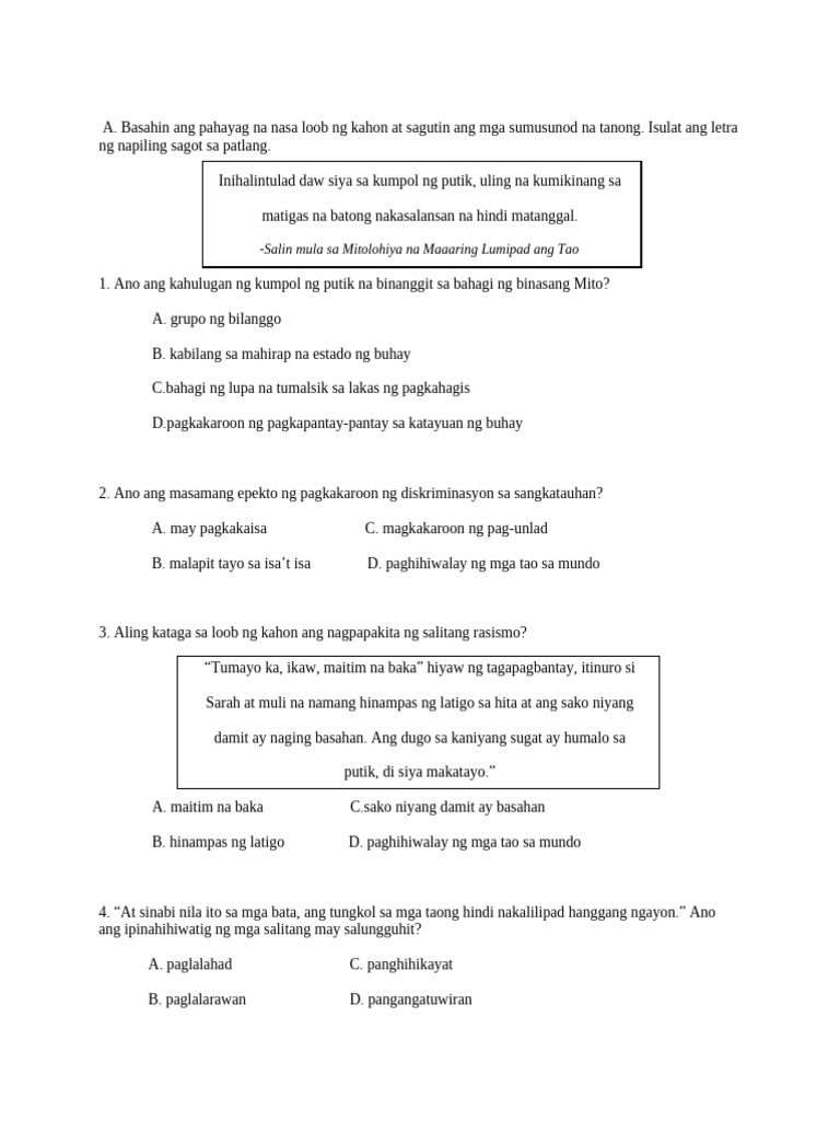 Grade 10 4th Quiz | PDF