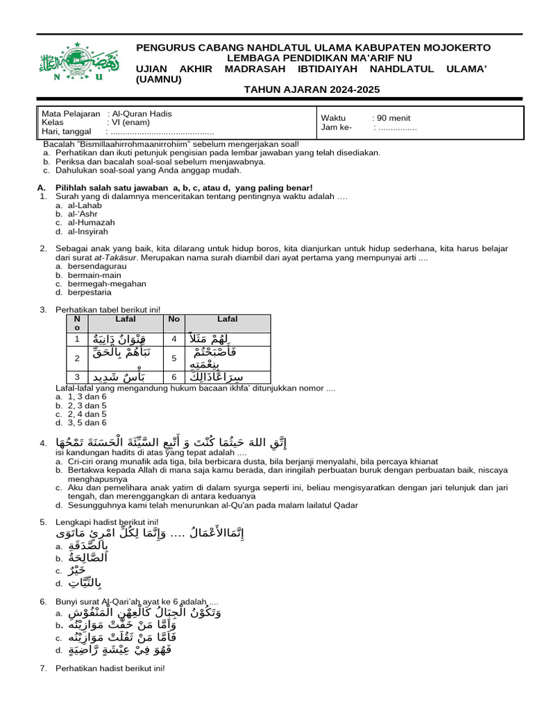 SOAL Al-Quran Hadis UAMNU 2024 2025 - Sudah Ok | PDF