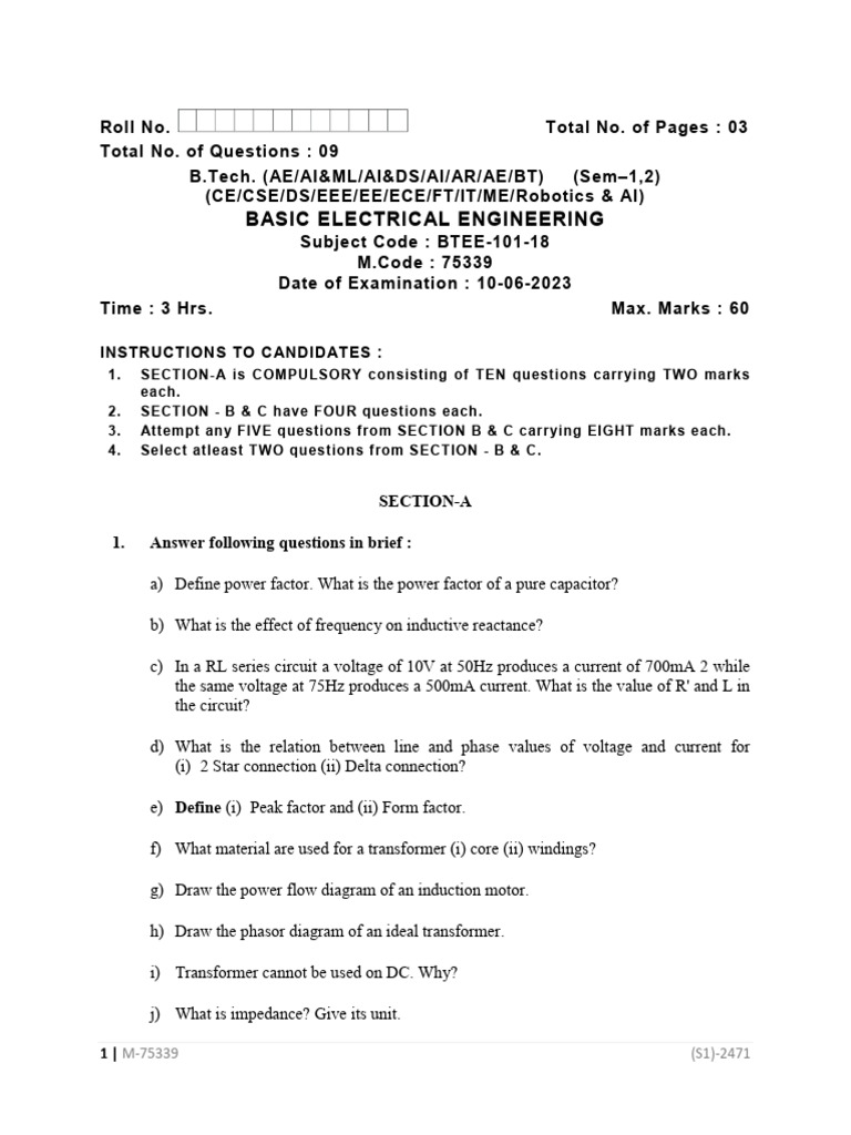 June 2023 BEE PTU Question Paper with Answers | PDF | Transformer | Voltage