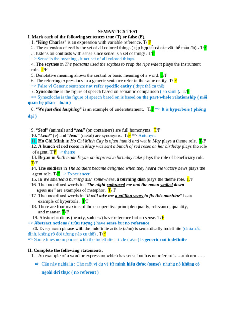 Bài Ôn 2 - Semantics | PDF