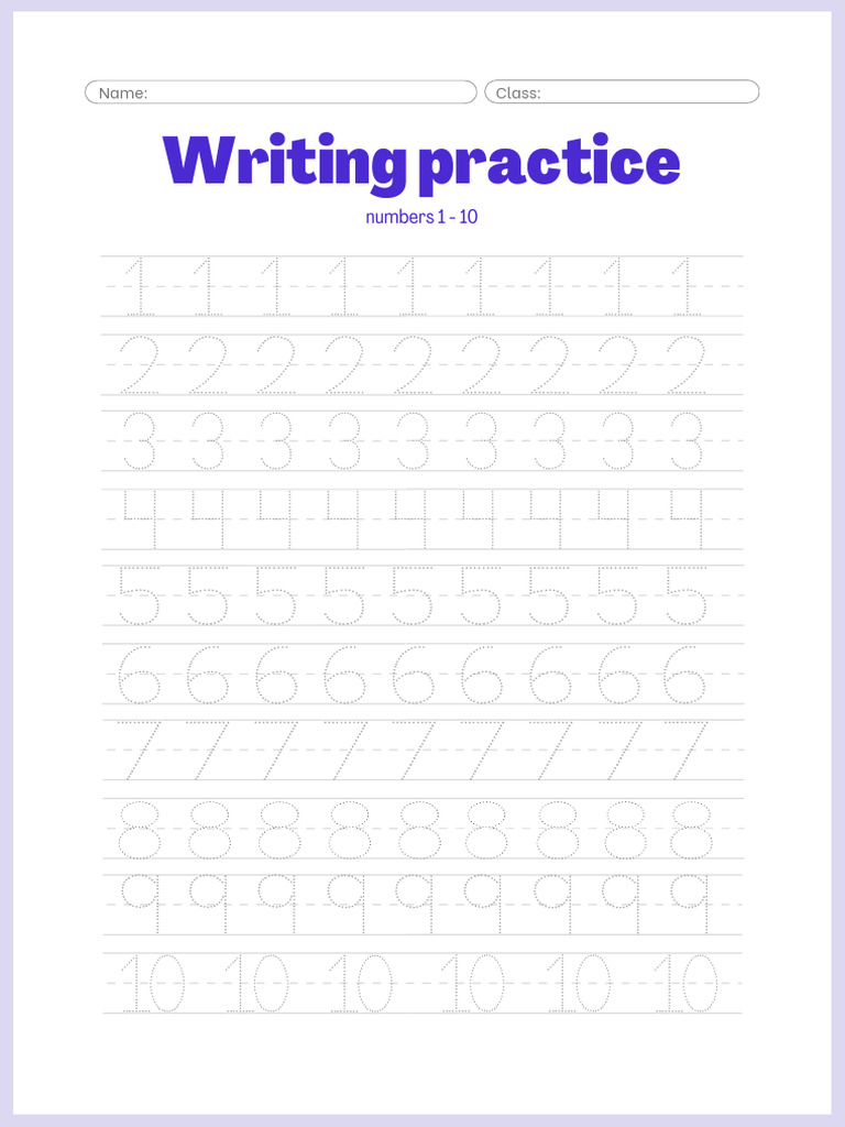 Writing Numbers Worksheet in Purple White Simple Style | PDF