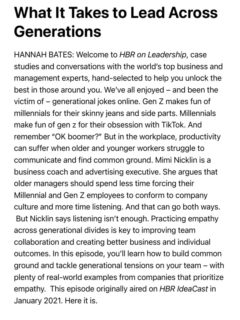What It Takes To Lead Across Generations | PDF | Empathy | Millennials