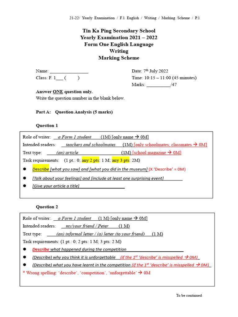 2122 F1 2nd Term p2 Marking | PDF