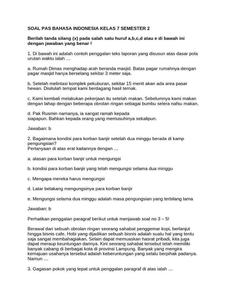 Soal Pas Bahasa Indonesia Kelas 7 Semester 2 Pdf