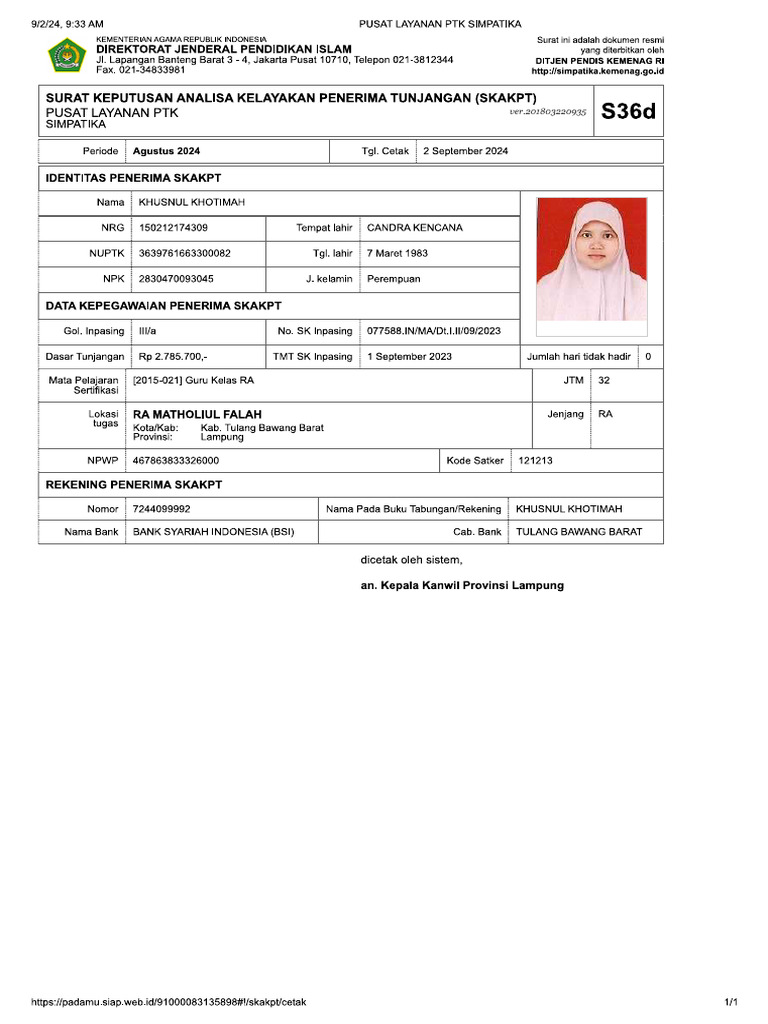 Khusnul Khotimah - Skakpt Agustus | PDF