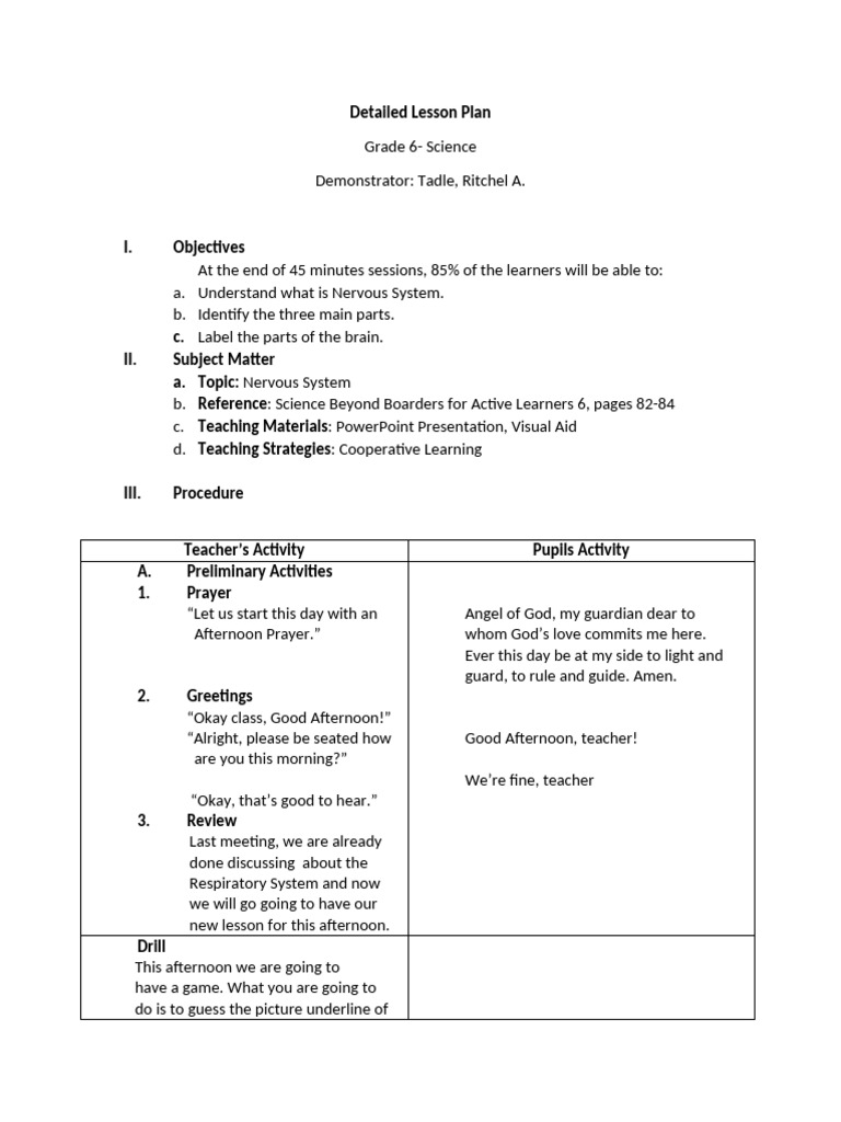 Detailed Lesson Plan For DEMO in Grade 6 FINAL | PDF | Nerve | Central ...