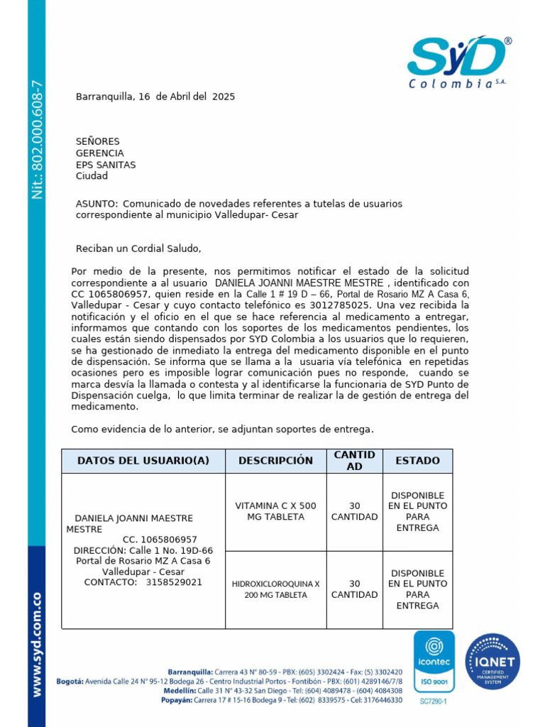 Carta Novedad Daniela Joanni Maestre Mestre | PDF