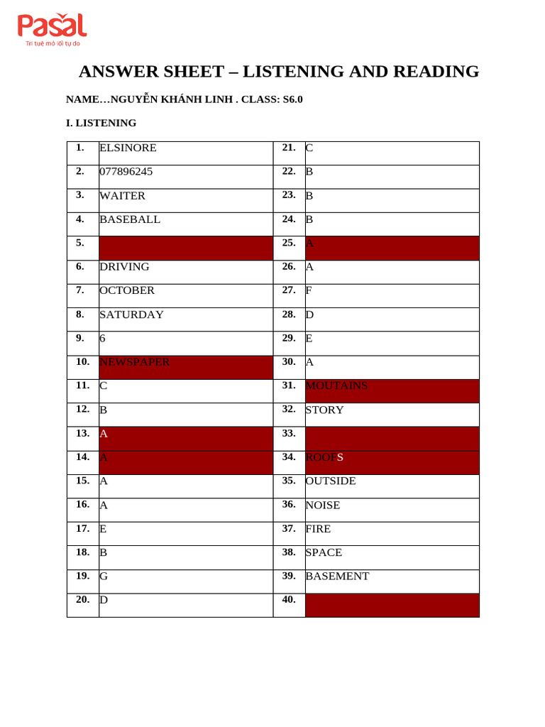 Listening and Reading Answer Sheet | PDF