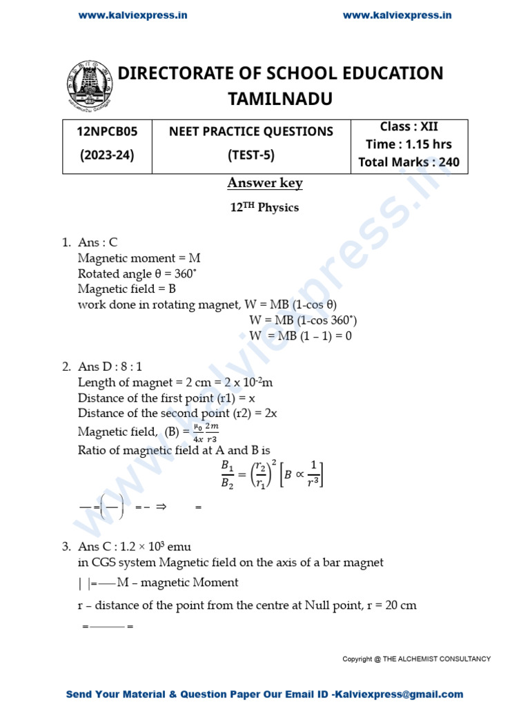 12th Physics Answer Key | PDF | Magnet | Physical Phenomena