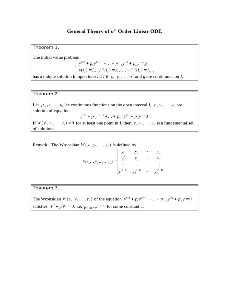 nth Order Linear ODE Theory | PDF