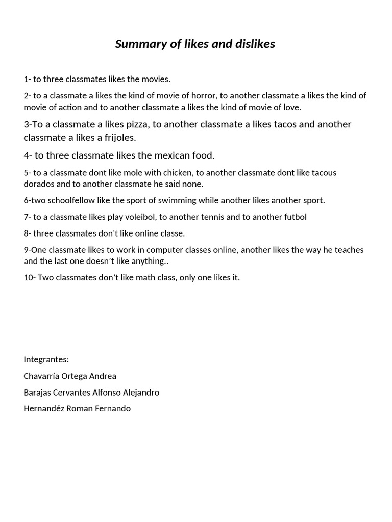 Classmates' Movie and Food Preferences | PDF