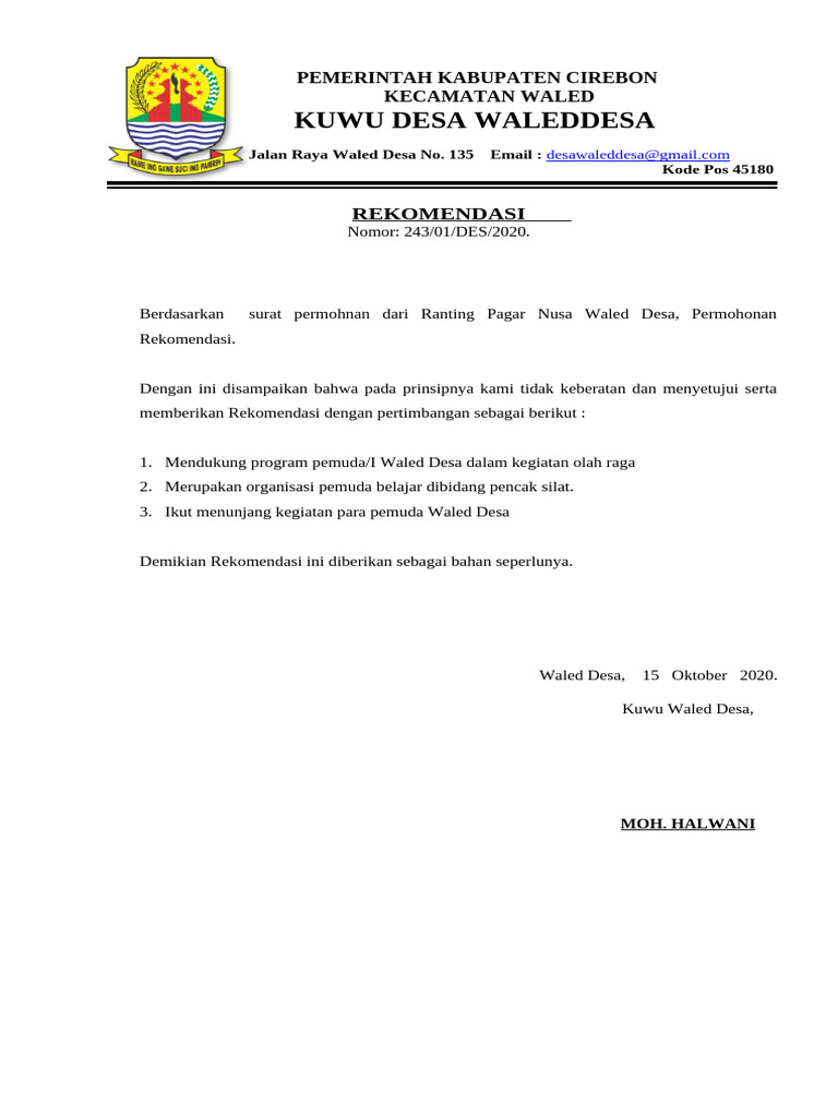 Rekomendasi Pemuda Olahraga Waled Desa | PDF
