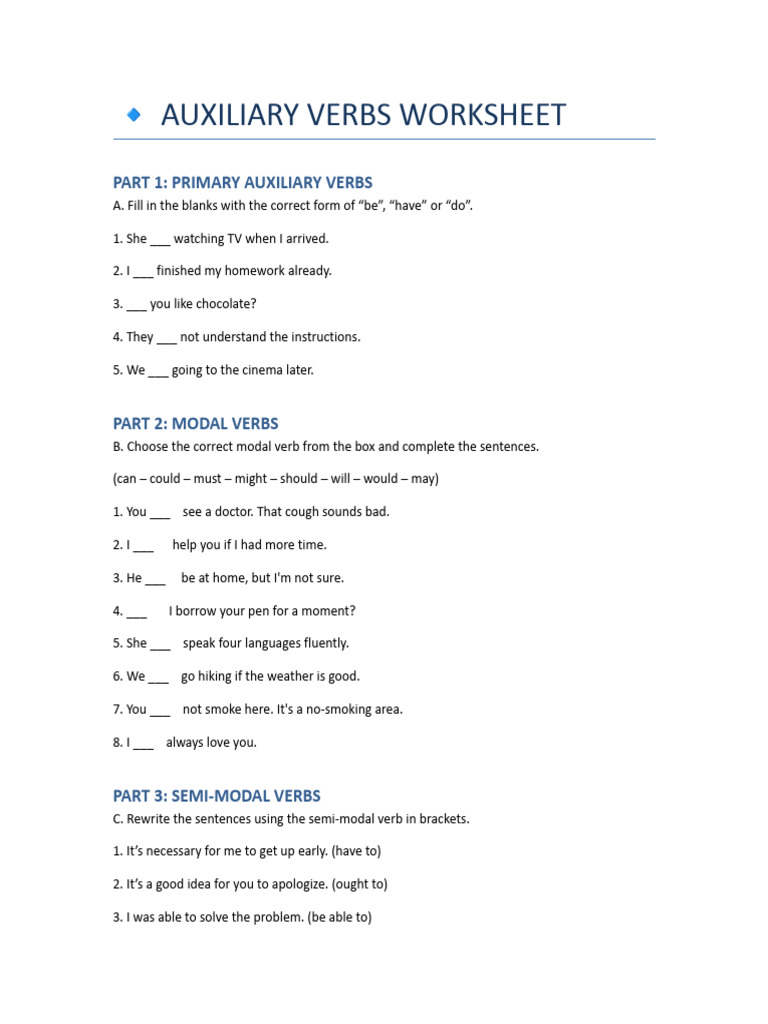 Auxiliary Verbs Worksheet | PDF | Morphology | Semantic Units