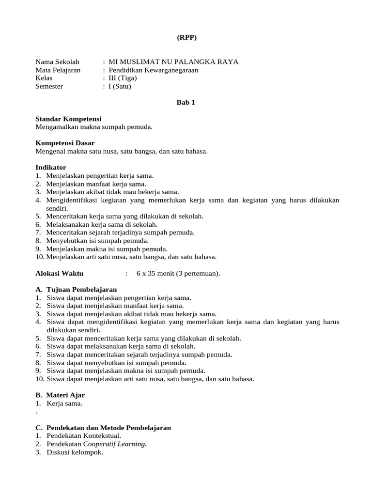 RPP PKN Kelas III SD Semester 1 Dan 2 | PDF