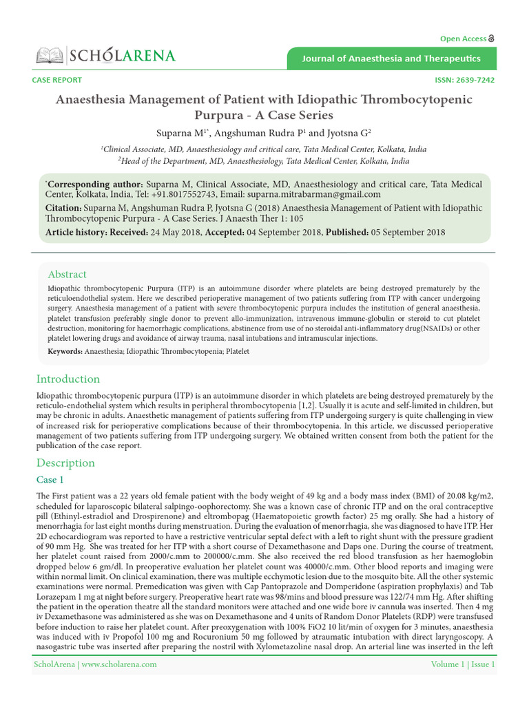 Anaesthesia Management of Patient With Idiopathic Thrombocytopenic ...