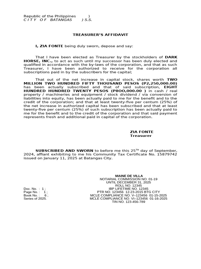 Treasurer's Affidavit for Dark Horse, Inc. | PDF