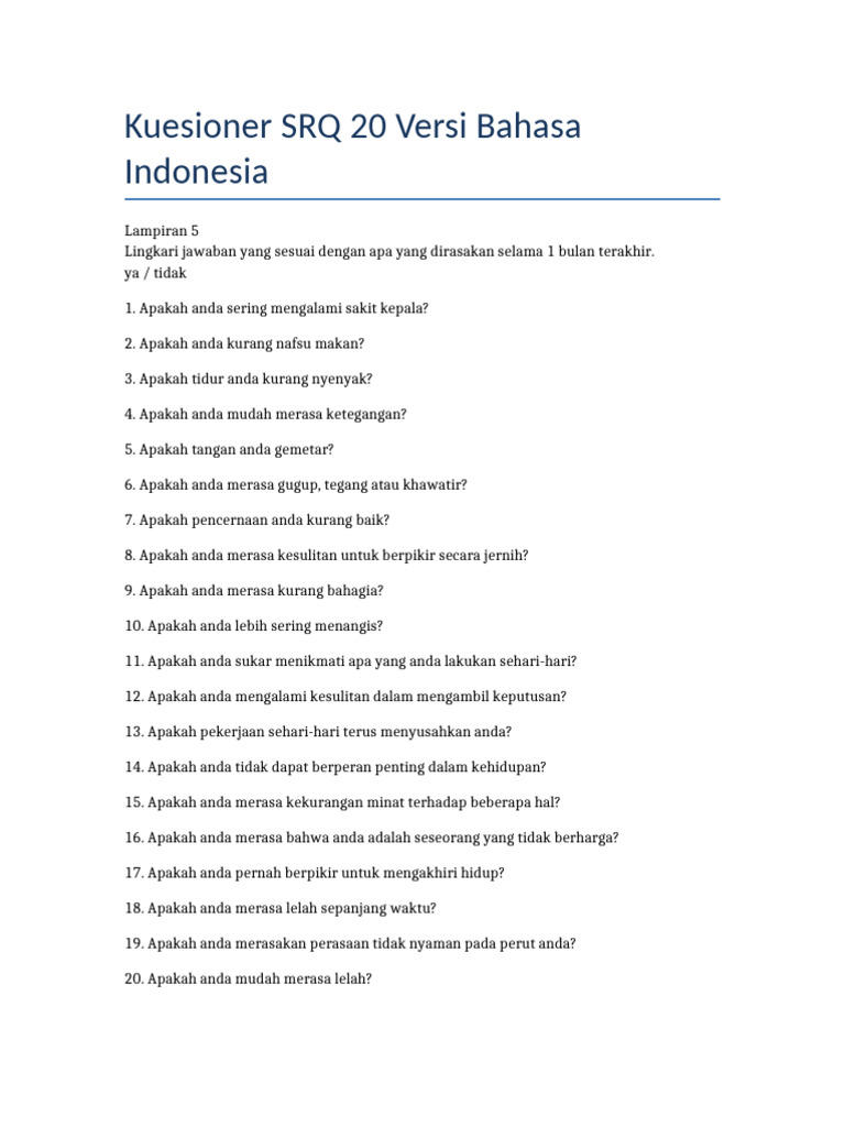 Kuesioner SRQ 20 Bahasa Indonesia | PDF
