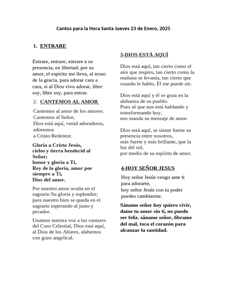 Cantos para La Hora Santa Jueves 23 de Enero, 2025 | PDF