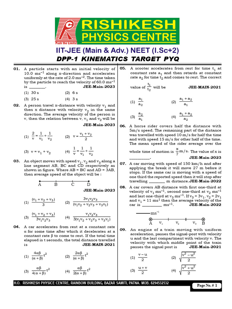 Dpp-1 Kinematics Target Pyq-15!05!2024 Youtube - PMD | PDF | Speed | Acceleration